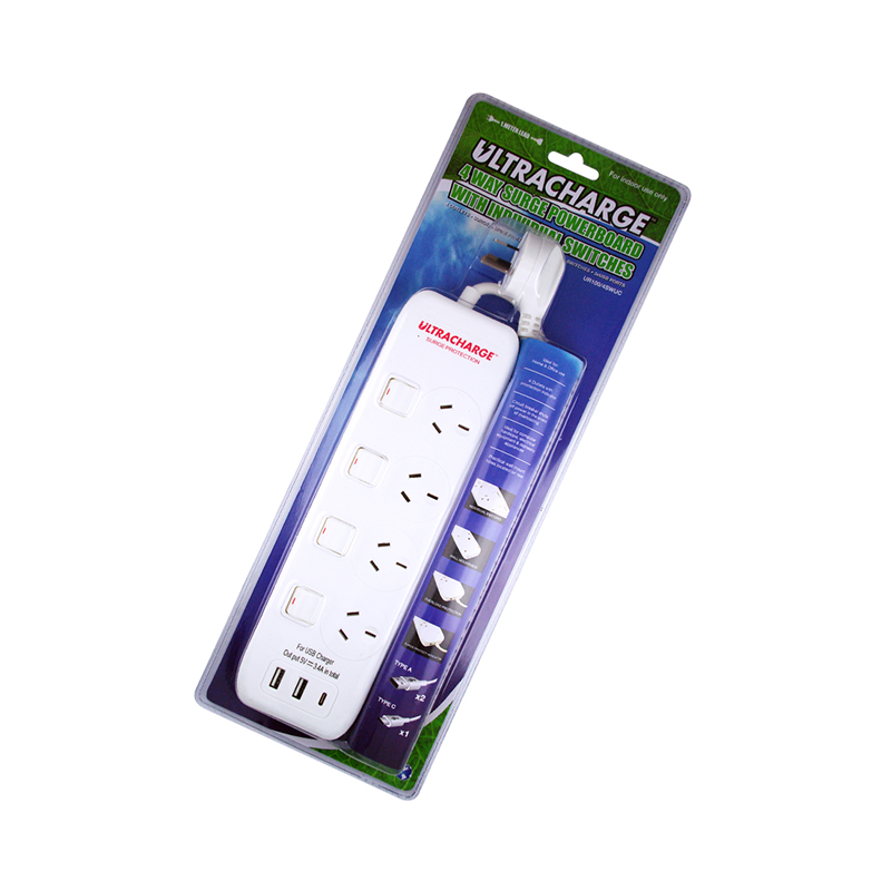 Ultracharge Power Board 4 Switch Surge With 3xUSB 3.4A TOTAL UR100/4SW