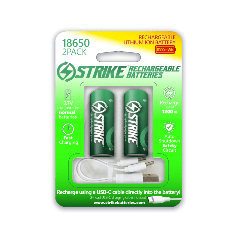 Strike USB-C Rechargeable 18650 size Battery 3.7V 2200mAh Pack of 2 A1